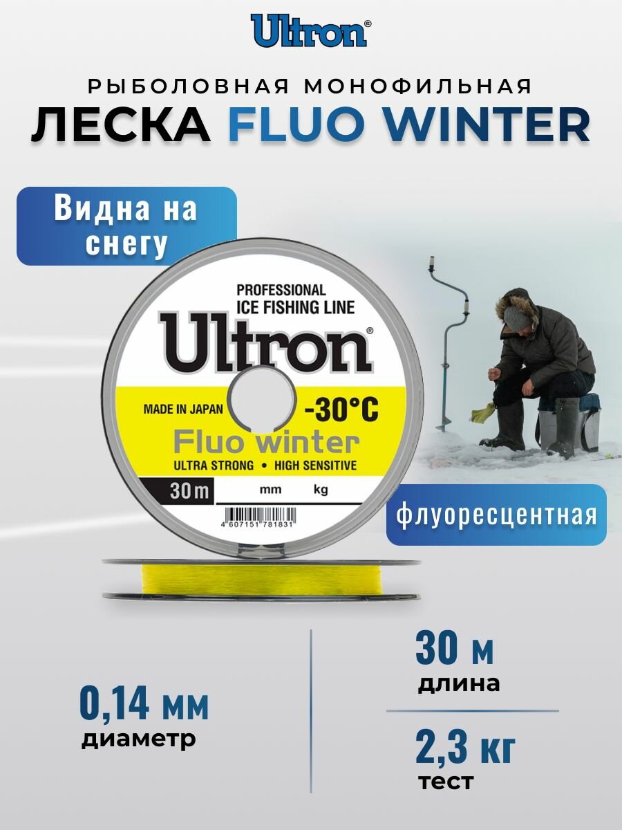 Зимняя леска для рыбалки Ultron Fluo Winter 0,14 мм, 2,3 кг, 30 м, Мягкая для Спиннинга на Корюшку, 1 шт