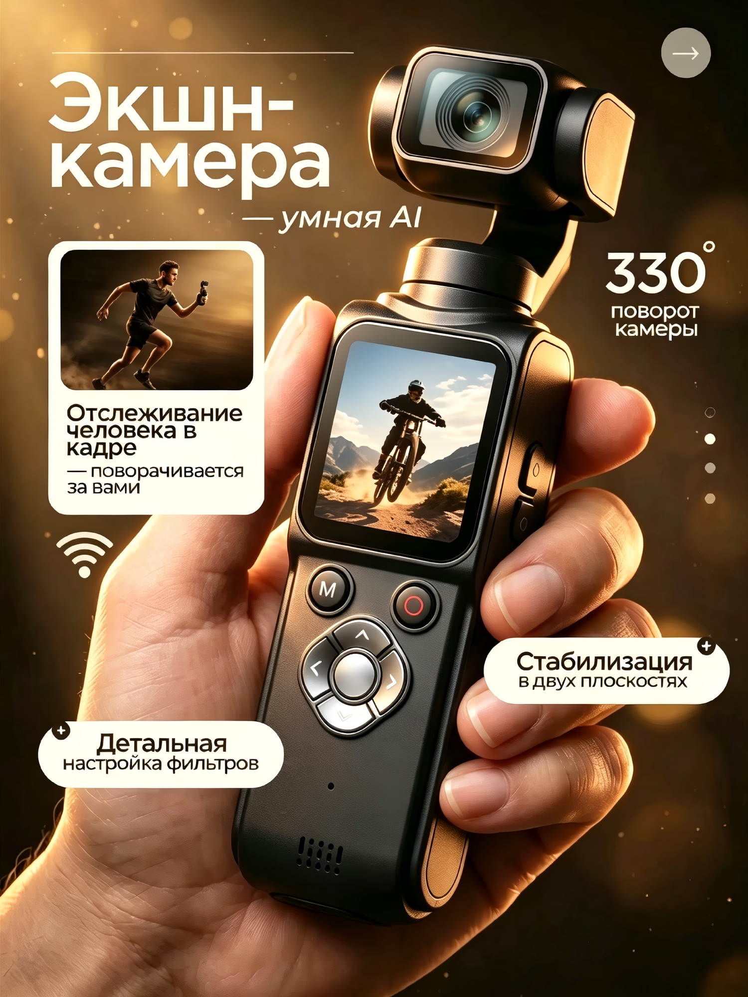 4K экшн-камера с поворотом 330°, автослежением и Wi-Fi — карманный формат для влогов