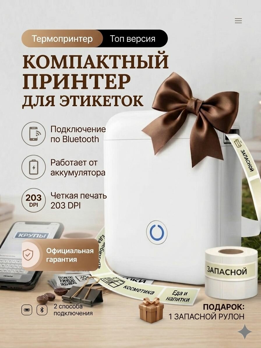 Принтер этикеток , портативный термопринтер, без чернил, 203 DPI, до 15 мм, для дома и офиса, наклейки, маркировка, с приложением