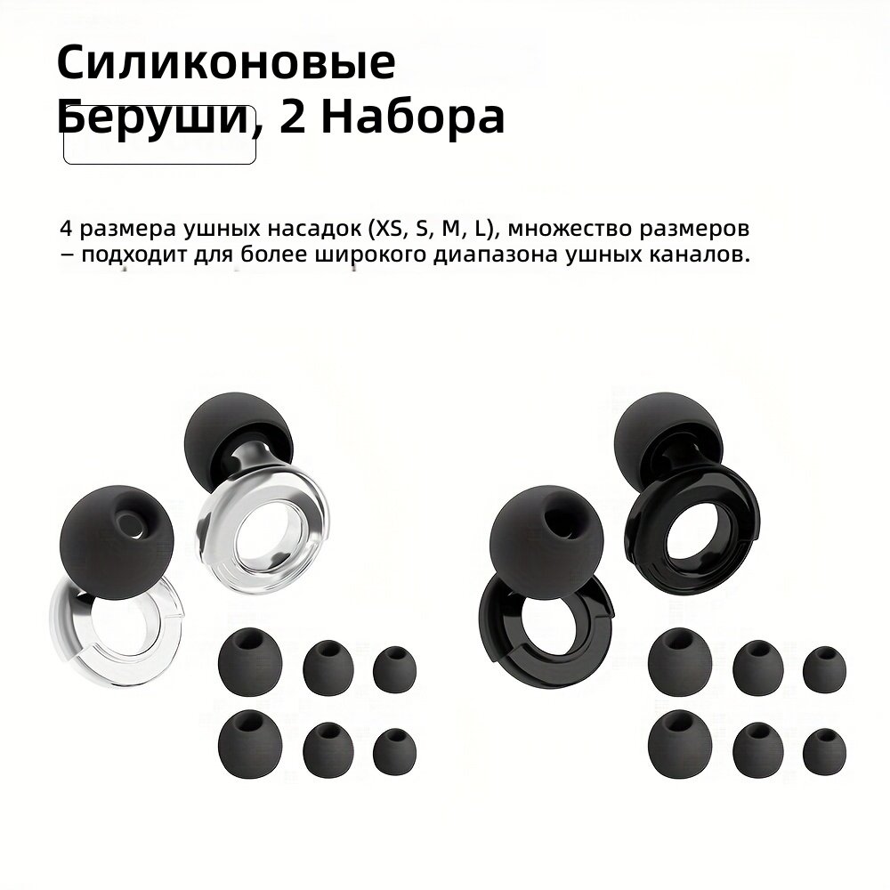 Многоразовые высокоточные беруши с силиконовыми насадками и ABS-каркасом, 2 комплекта (4 размера), цвет: серебристый+черный, для концертов, сна, работы и путешествий