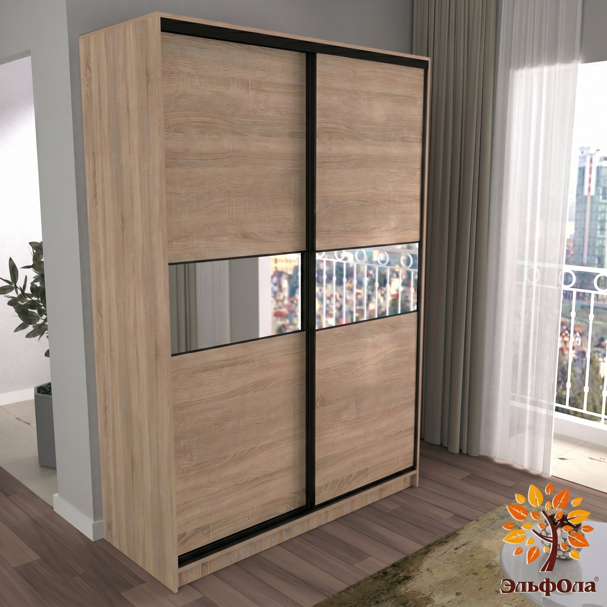 ЭльфОла Шкаф-купе "Гамма" 180х60х240 см, цвет сонома/черный, с зеркалом, для одежды, двухдверный