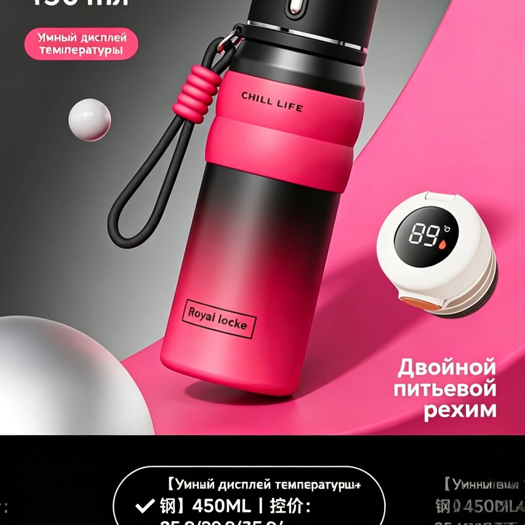Термос‑кружка с умным датчиком температуры 550 мл из стали 316, вместительная модель для учебы, спорта и дальних
