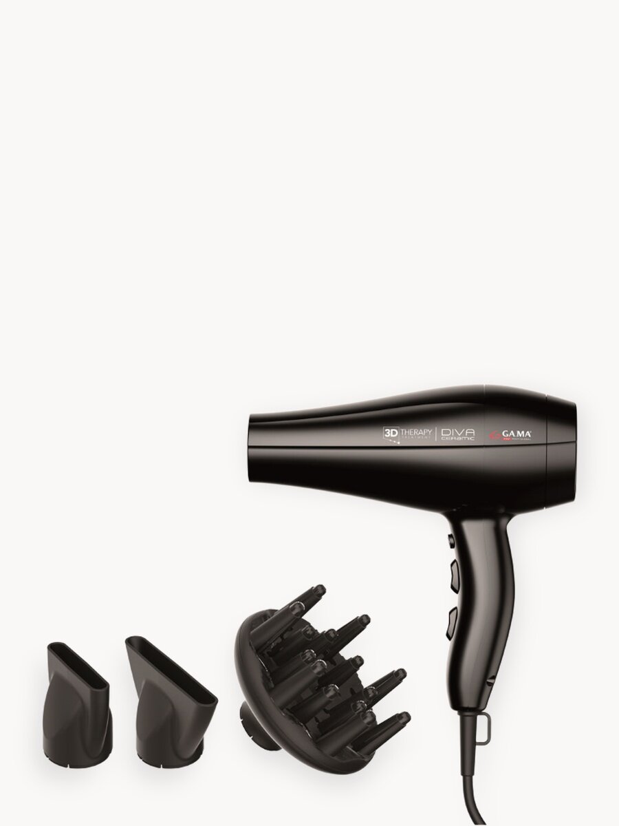 Фен для волос GA.MA Diva 3D Therapy , черный, с диффузором, с ионизацией, 2300 Вт