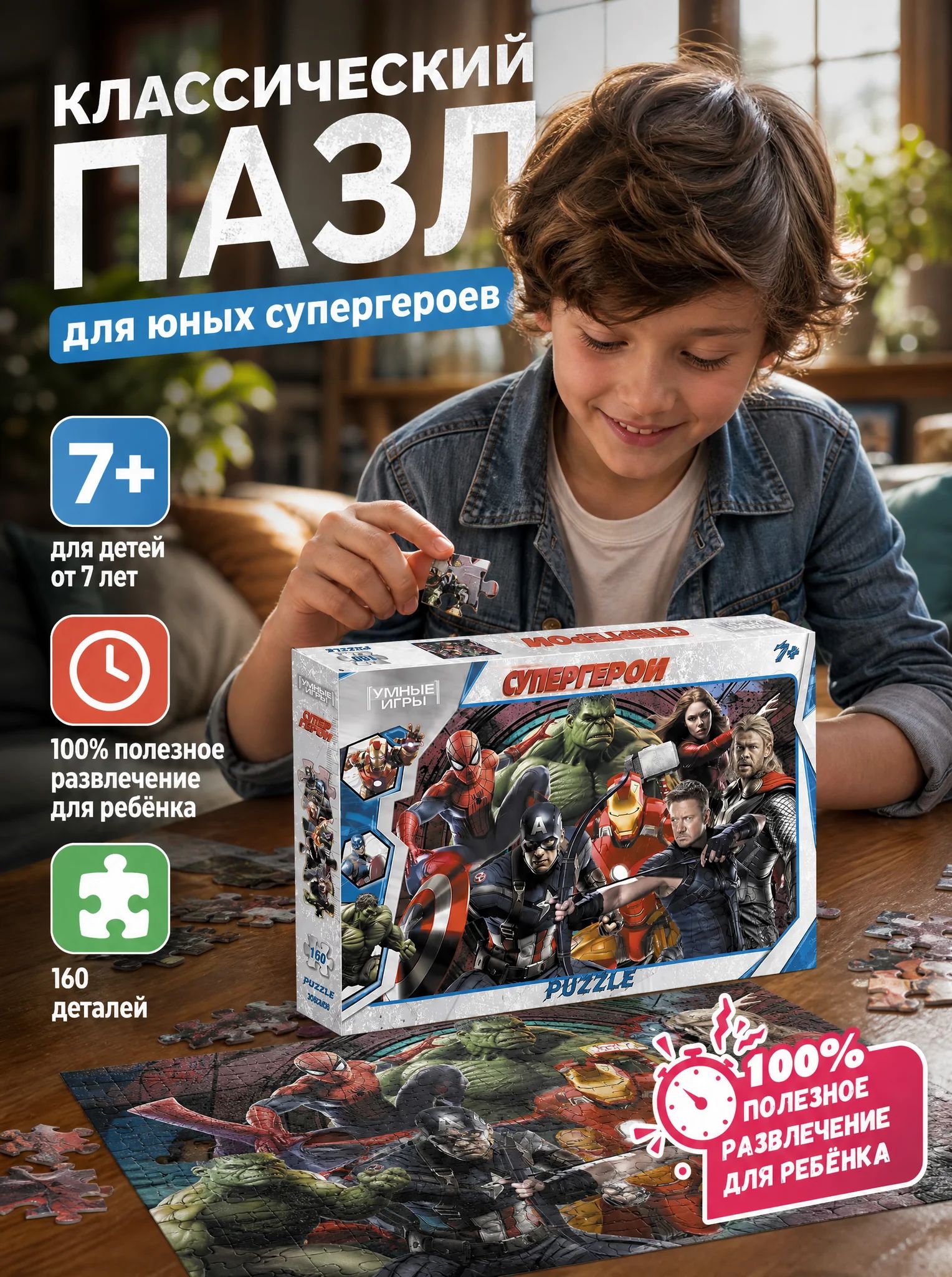 Пазлы классические для детей Супергерои 160 деталей Умные игры