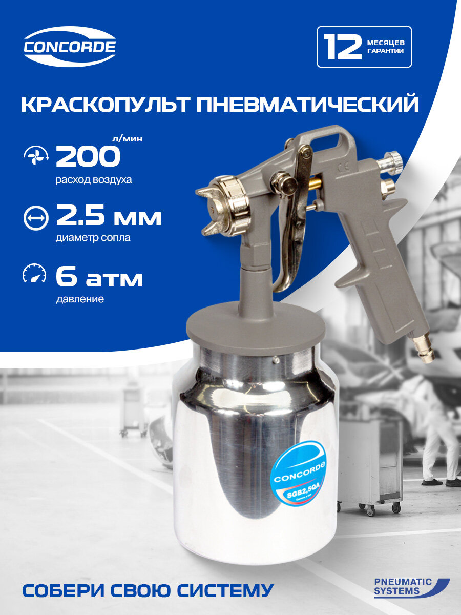 Краскопульт пневматический Concorde SGB2.5QA (н/б) 1 л, краскораспылитель HP, аэрограф, нижний бак