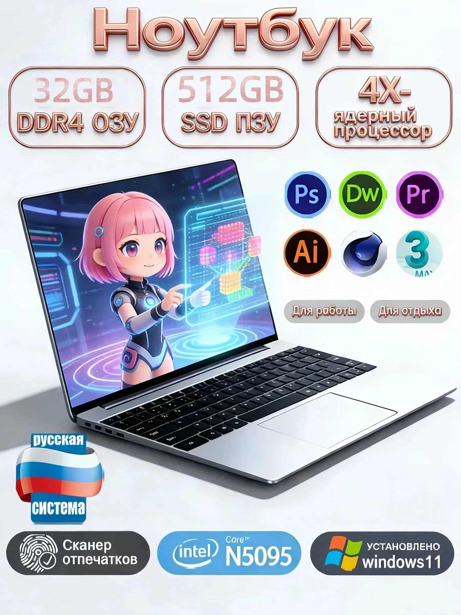 Ноутбук 15,6 дюйма, Intel N5095,32 ГБ, SSD 512 ГБ, графические процессоры Intel UHD , Windows 11, русская клавиатура