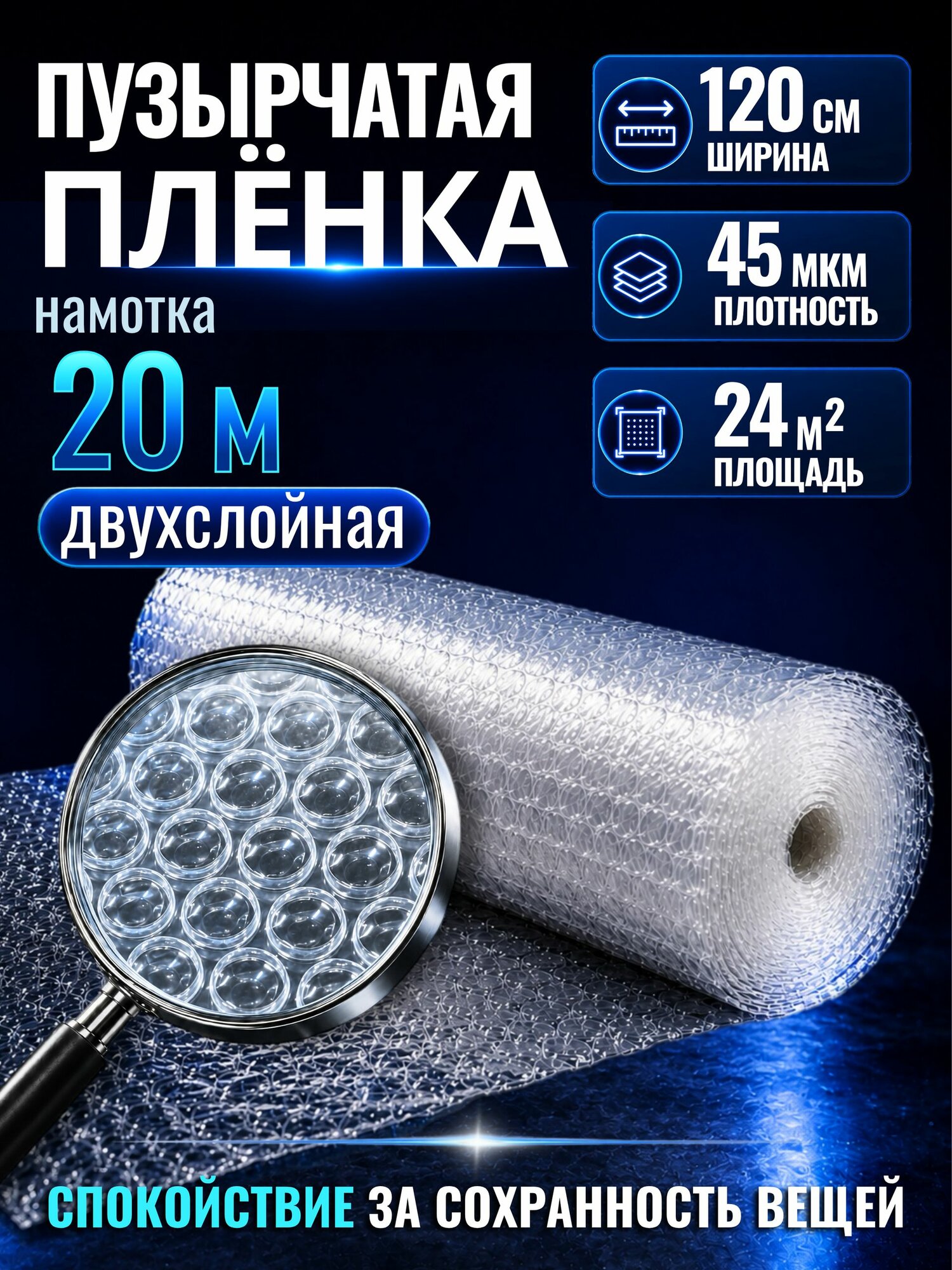 Воздушно-пузырчатая пленка 120 см x 20 м, двухслойная, для упаковки хрупких товаров