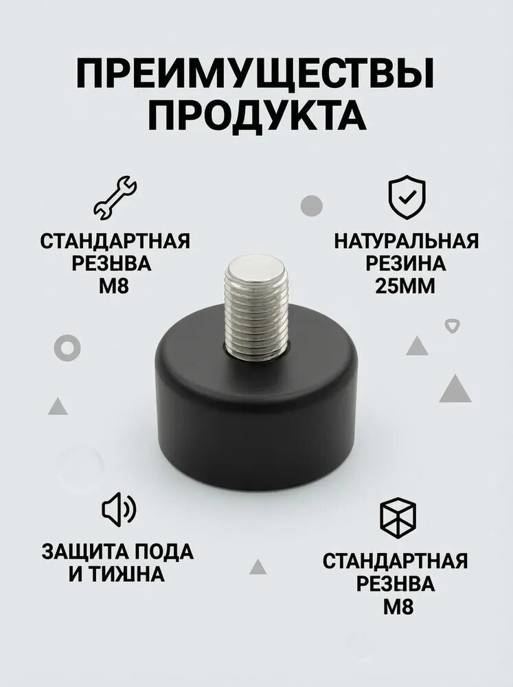 Подпятник M8x25 резиновый, промышленный класс, антивибрационный, опорный, черный — фото 1