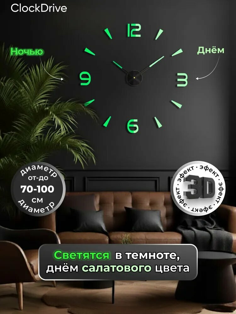 Большие настенные бескаркасные 3D часы диаметром 70-100 см