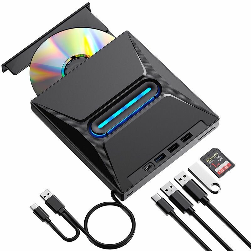 Rongwei Многофункциональный CD/DVD-привод, проигрыватель USB 3.0, портативный проигрыватель для ПК и ноутбуков, совместимый с Windows 11/10/8/ 7Linux Mac OS, светодиодная подсветка, черный