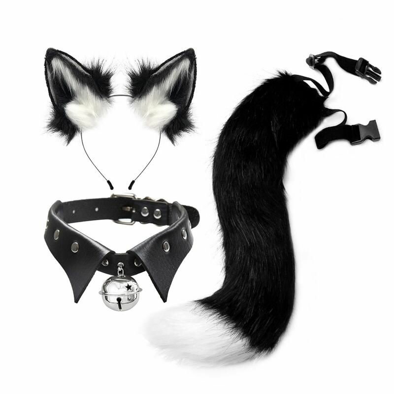 Набор ушей лисы и хвоста с ошейником для взрослых, Черное и белое