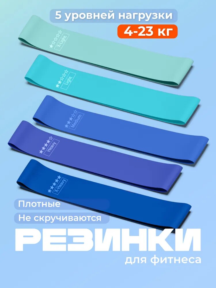 Фитнес резинки для ног и ягодиц , синие, набор 5 штЭспандер-лента для силовых тренировок