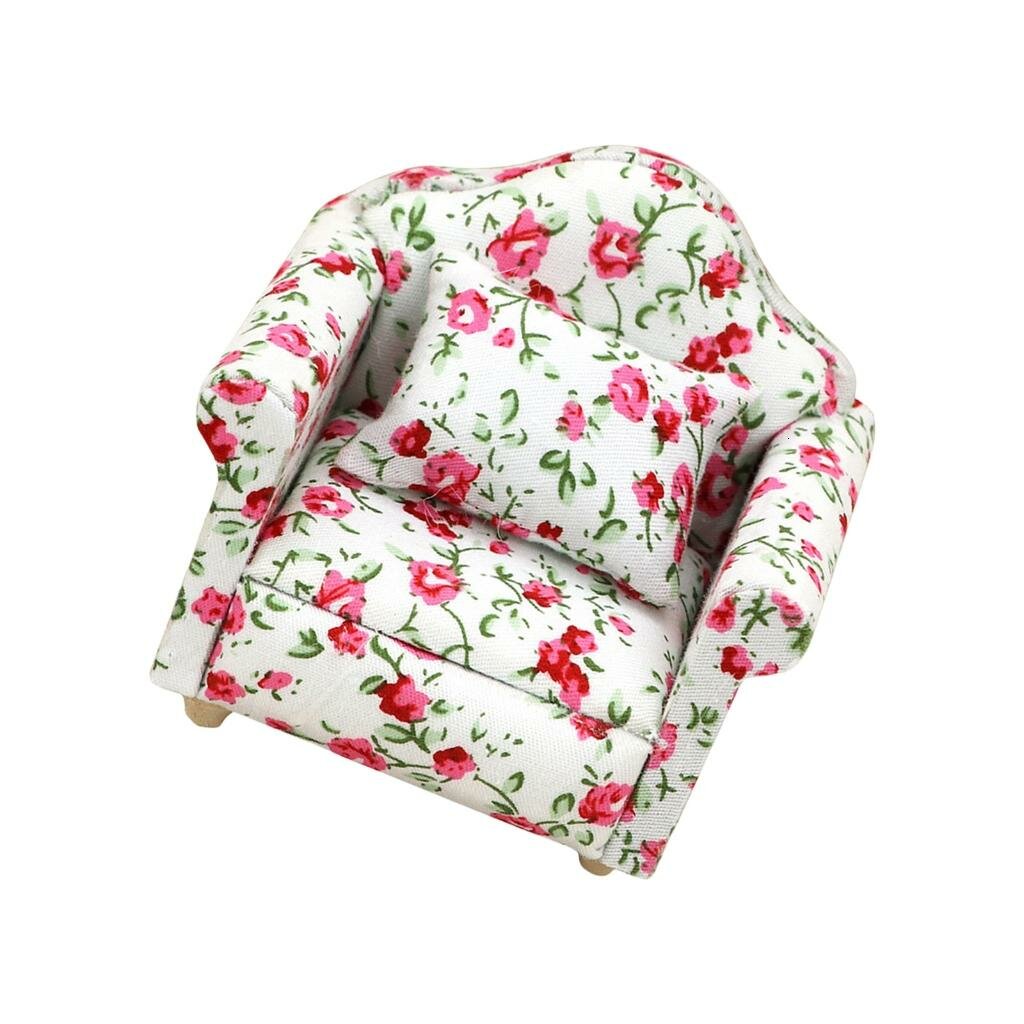 Кресло для кукольного домика 1/12, Розовый цветочный