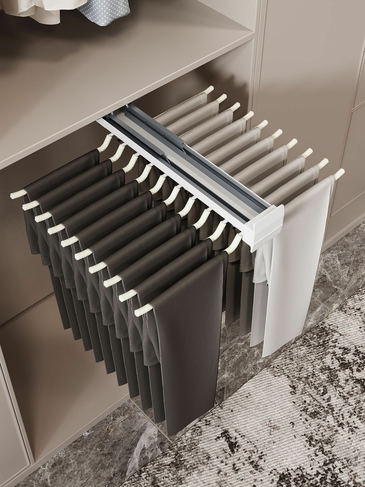 Двухрядная выдвижная брючница с доводчиком и потолочным креплением органайзер для брюк с антискользящими перекладинами и экономией места