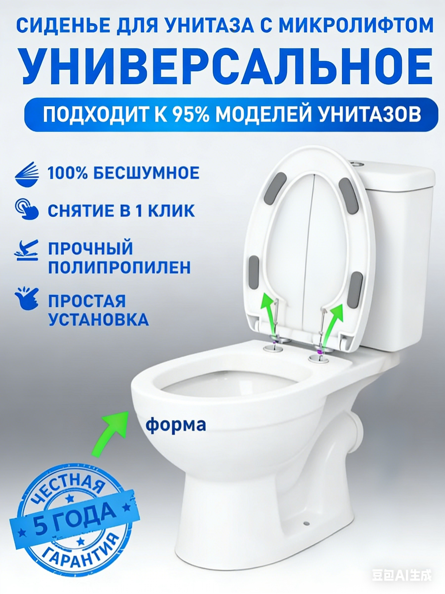 Усиленное сиденье для унитаза с плавным опусканием. Подходит для большинства моделей.