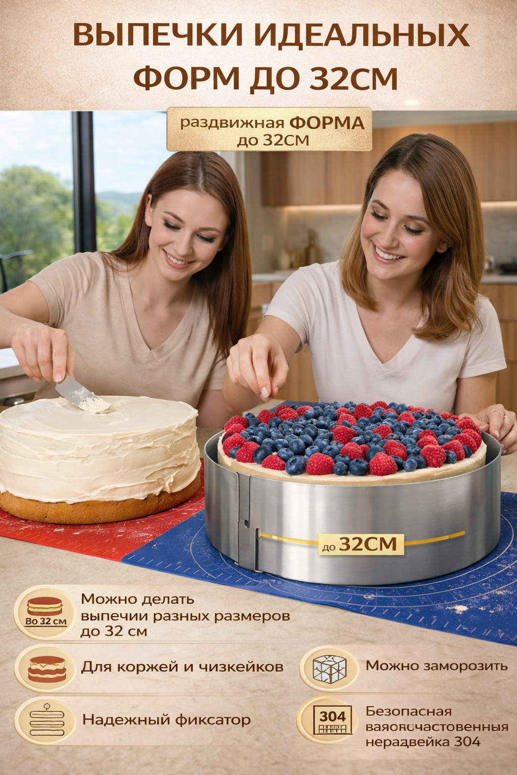 Форма раздвижная до 32см, 2 шт, для выпечки тортов и пирогов, в подарок