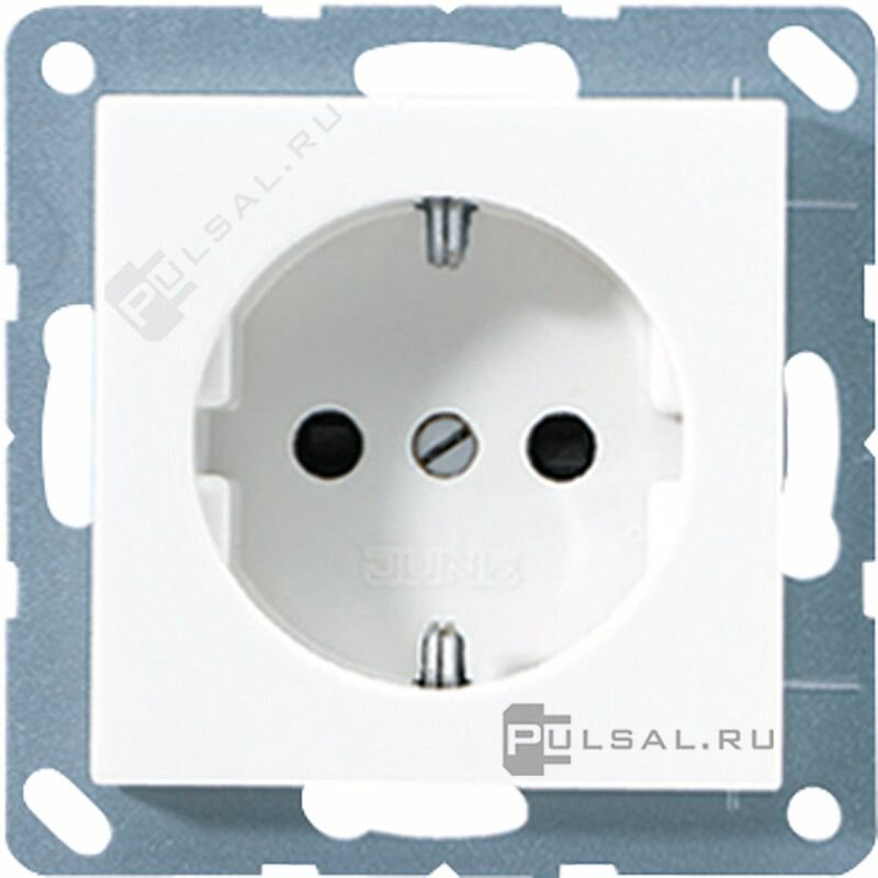 Розетка Jung EP1420KIWW с заземляющим контактом одинарная встроенный монтаж со шторками пластмасса белый