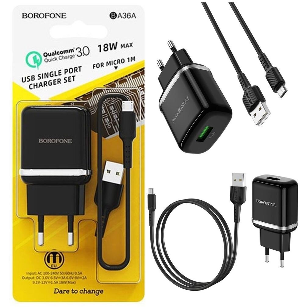 Зарядное устройство Borofone, 18Вт, с проводом Type-C 1 м, Black