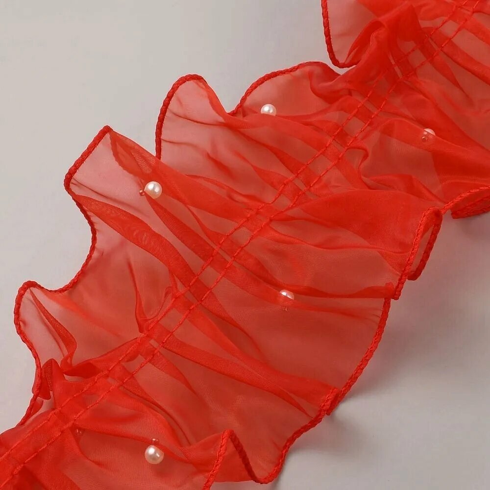 5 ярдов плиссированной кружевной ленты из органзы с искусственным жемчугом, гофрированная лента, подарочное украшение в виде цветка с бантом, красная