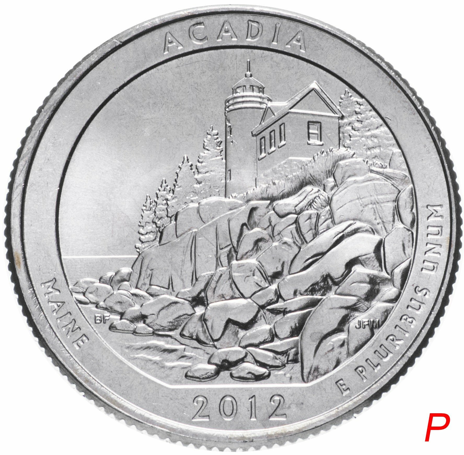 США 1/4 доллара 25 центов, квотер 2012 P — "Национальный парк Акадия" 13-й парк, Мельхиор медь-никель, в сохранности UNC