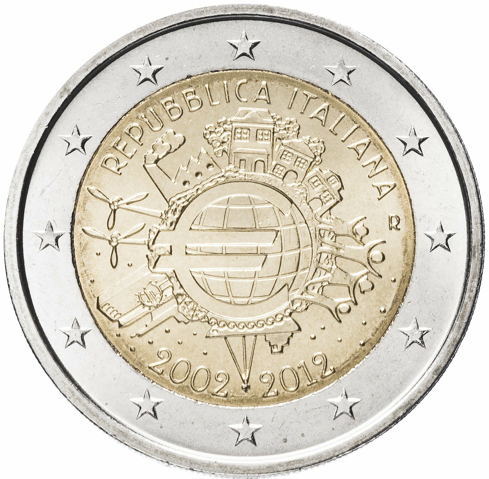 Италия 2 евро 2012 "10 лет евро", Биметалл, в сохранности UNC