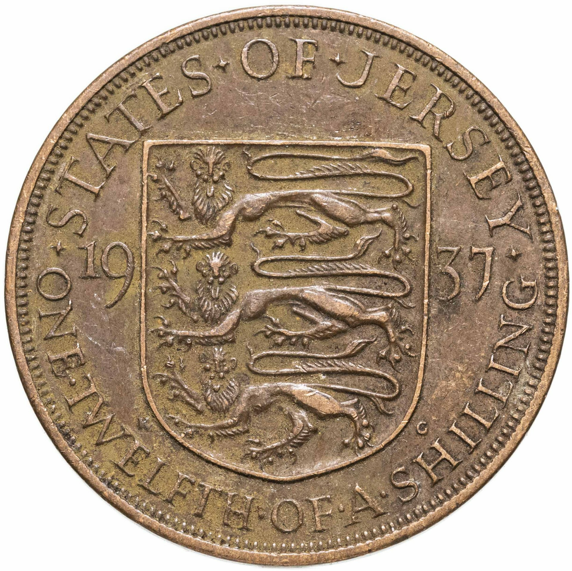 Джерси 1/12 шиллинга shilling 1937, Бронза, в сохранности VF