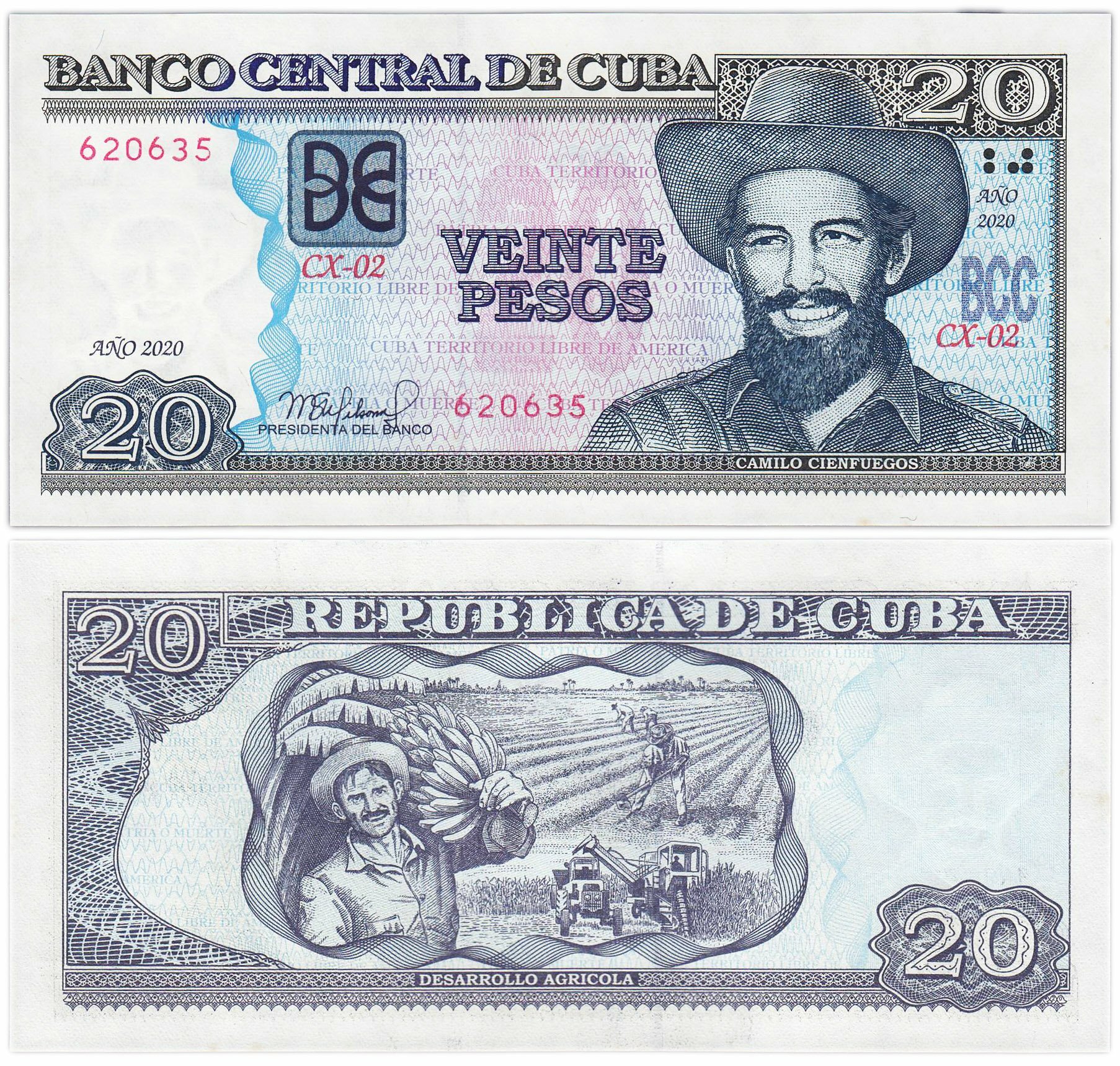 Куба 20 песо 2020 год "Сбор бананов, Развитие сельского хозяйства" Р-122