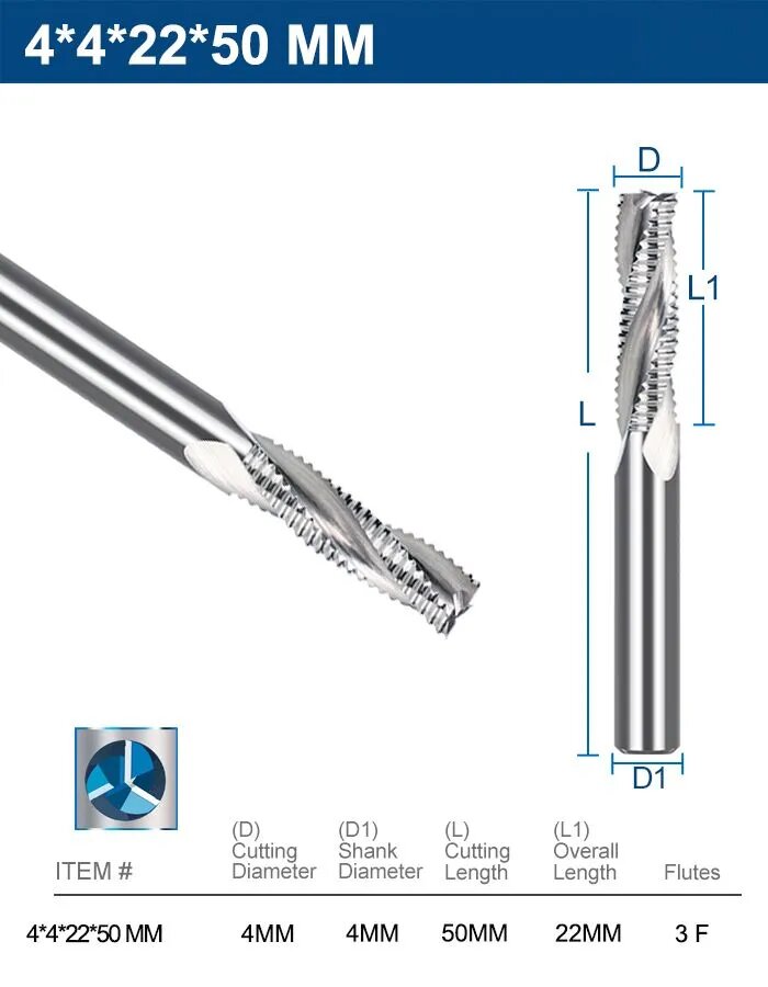 Фреза спиральная трехзаходная со стружколомом для алюминия 4х4х22х50 мм для станка ЧПУ по дереву