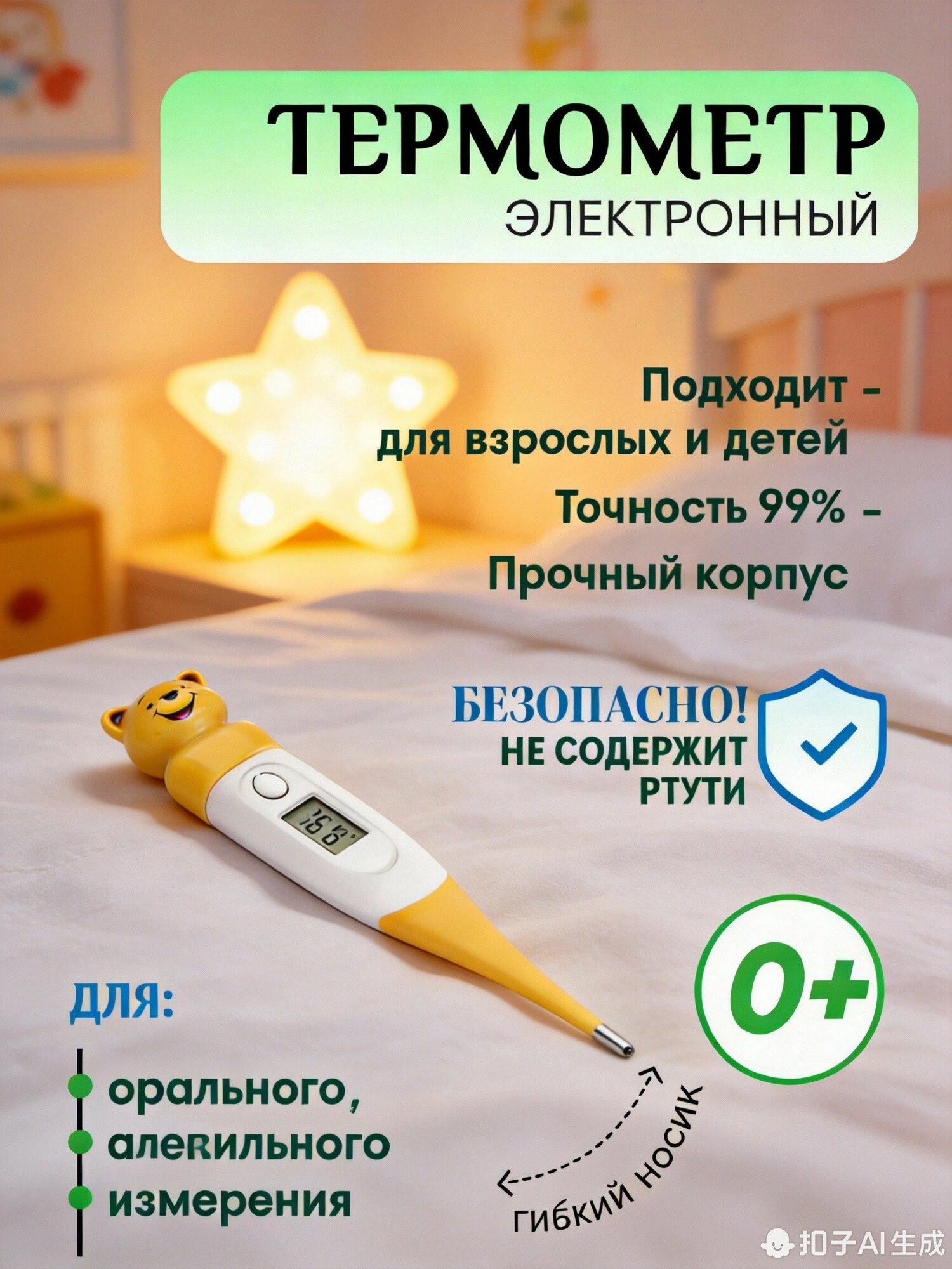 Термометр электронный, для новорожденных, с гибким наконечником