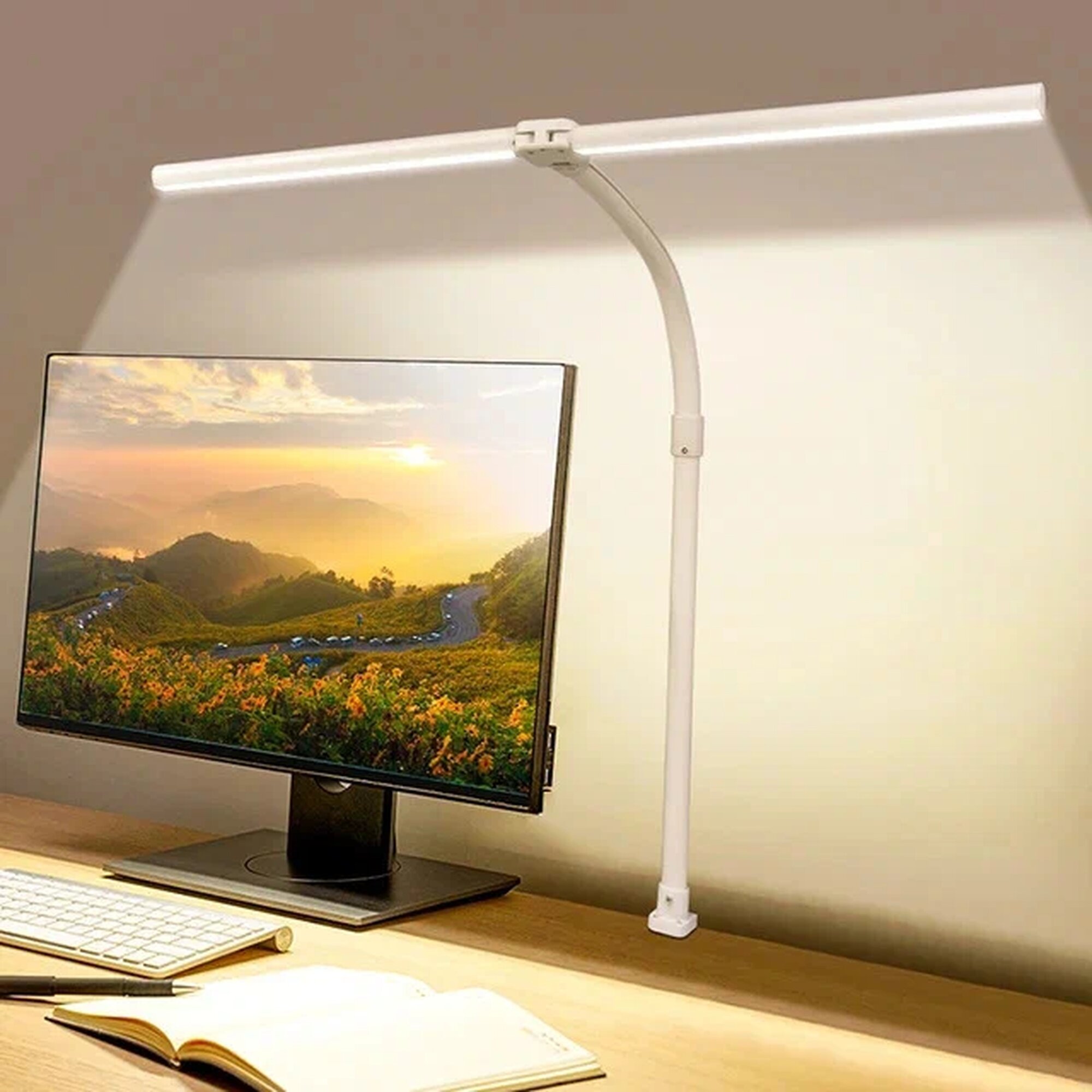 Лампа настольная двойная, светодиодная, сенсорная на прищепке для школьника, чтения, работы, маникюра, наращивания ресниц (Светильник LED настольный с регулировкой теплоты и яркости) белый матовый