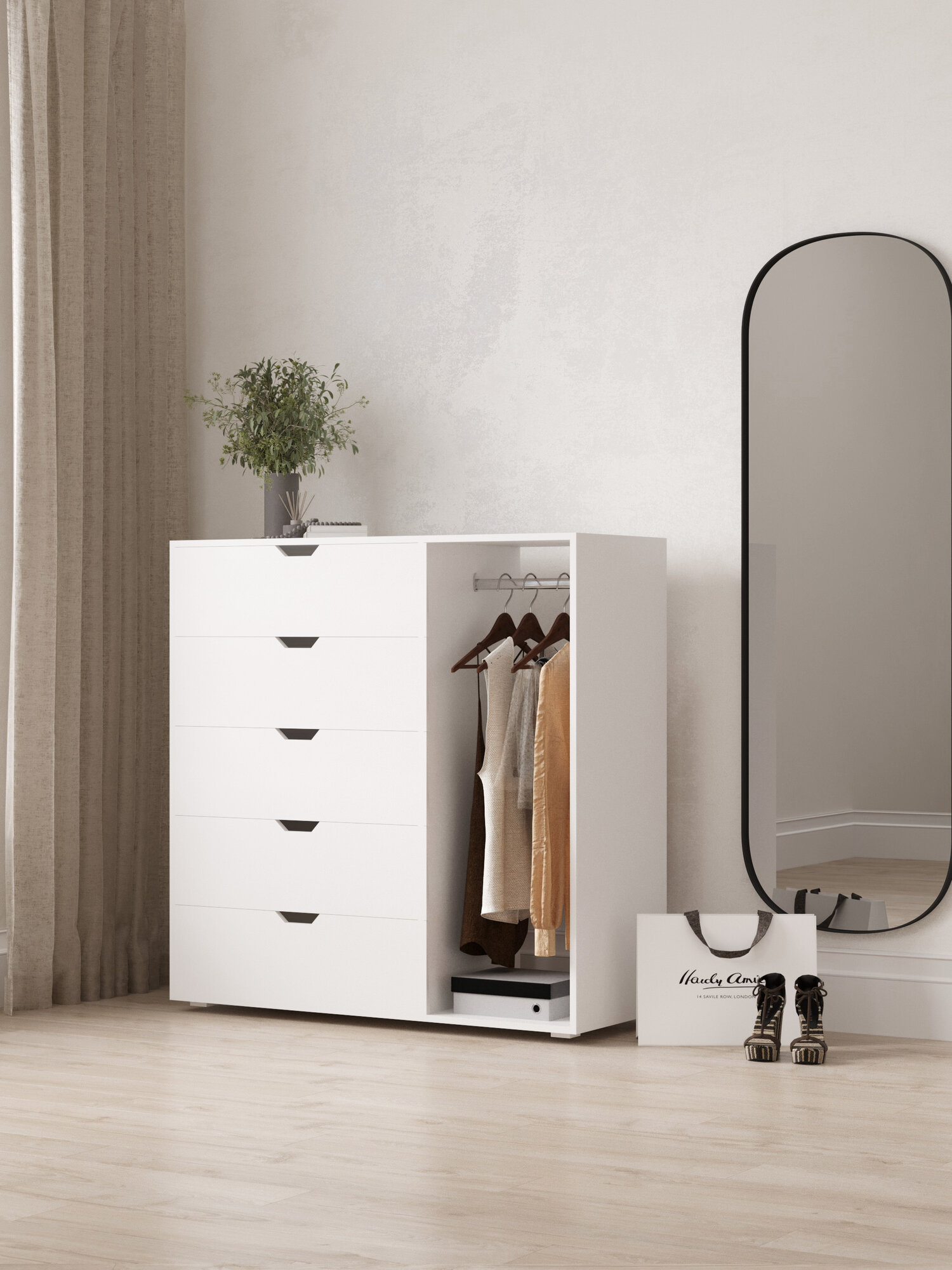 Комод для одежды Норман 5 ящиков и штанга 115х45x117 см белый