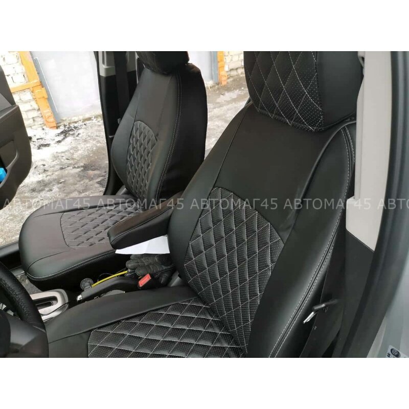Авточехлы Chevrolet Aveo Шевроле Авео 2пок 2012-2015г экокожа черная нить серая ромб