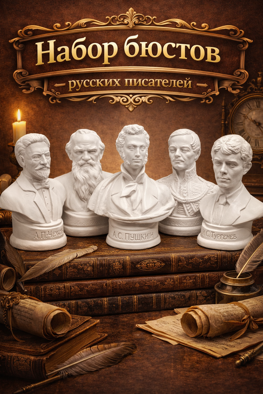 Набор из 5 бюстов русских писателей А. С. Пушкин, М. Ю. Лермонтов, Л. Н. Толстой, А. П. Чехов С. А. Есенин