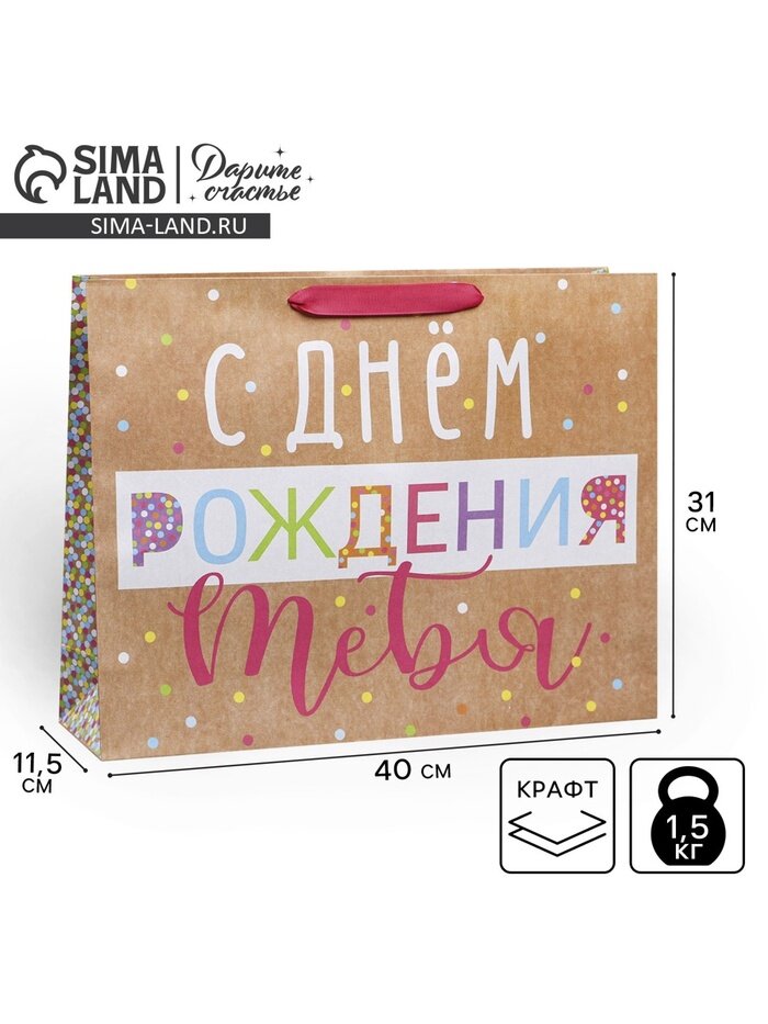 Пакет подарочный крафтовый, упаковка, С Днём Рождения, L 31×40×9 см, 2 шт.