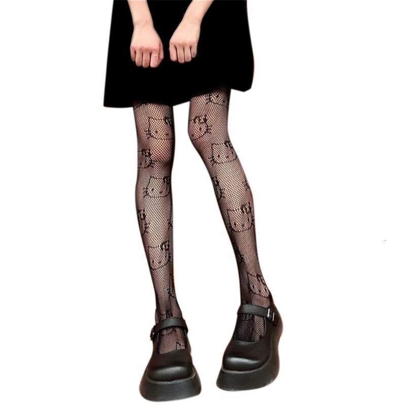 Женские аниме-колготки с узором котика, Черный