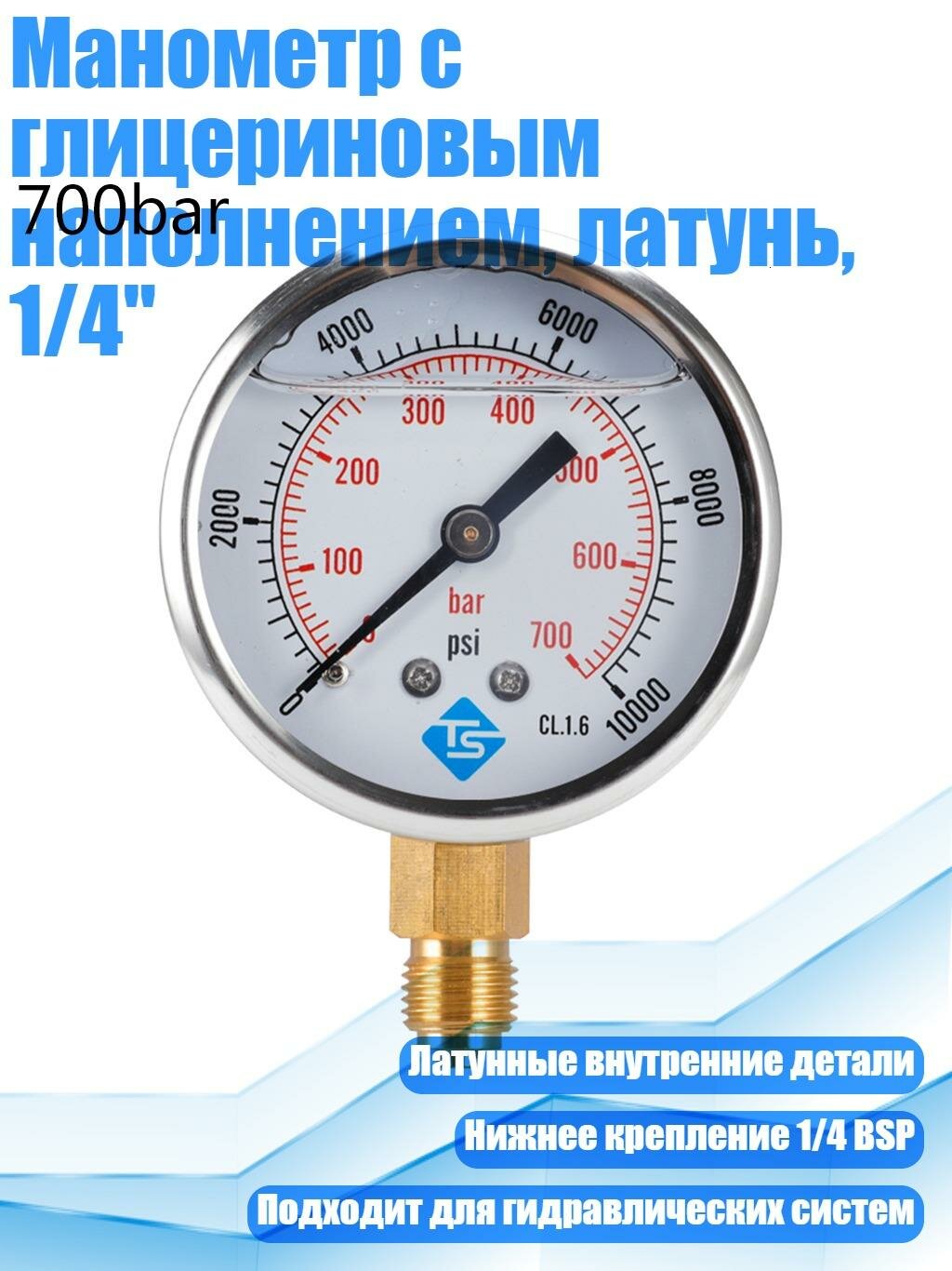 Манометр с глицериновым наполнением, латунь, 1/4", 700 бар