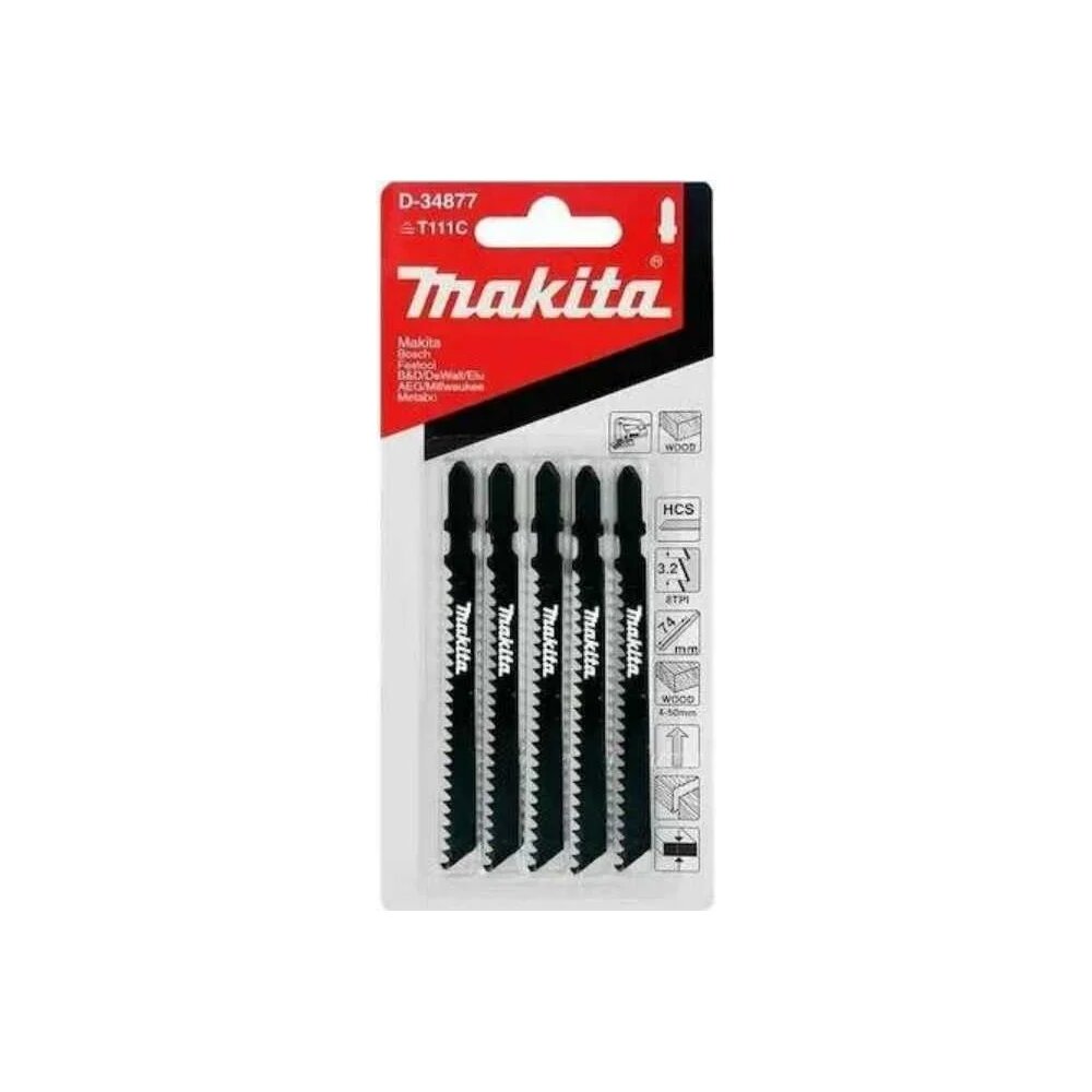 Лобзиковая пилка для дерева Basic Makita D-34877, хвостовик Т, изготовлена из HСS, с прямым направлением зубьев, набор