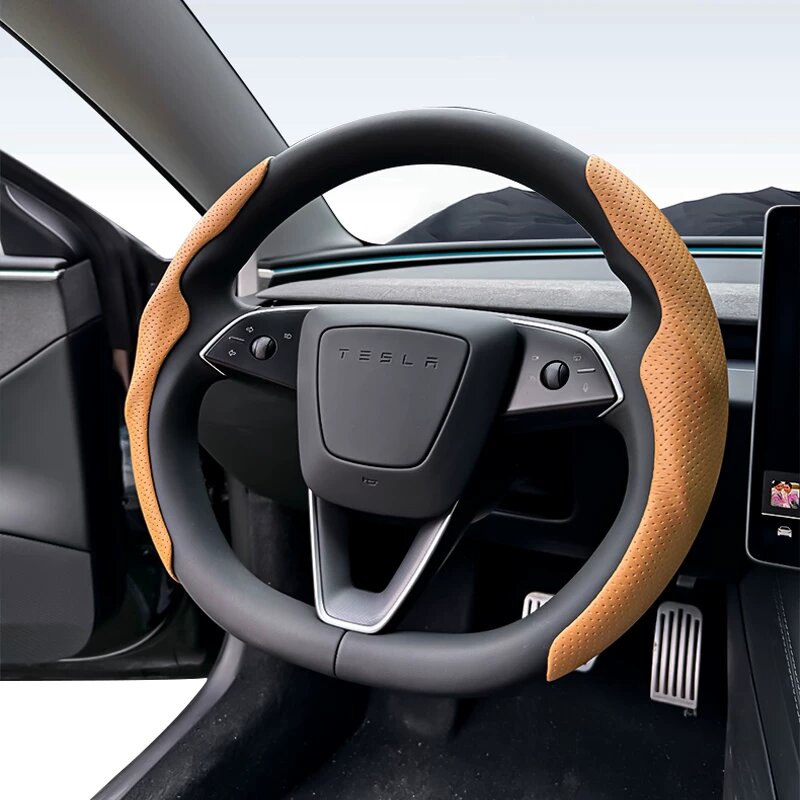 Ультратонкий противоскользящий чехол для руля Tesla Model 3/Y/YL из премиум-наппа-кожи - коричневый