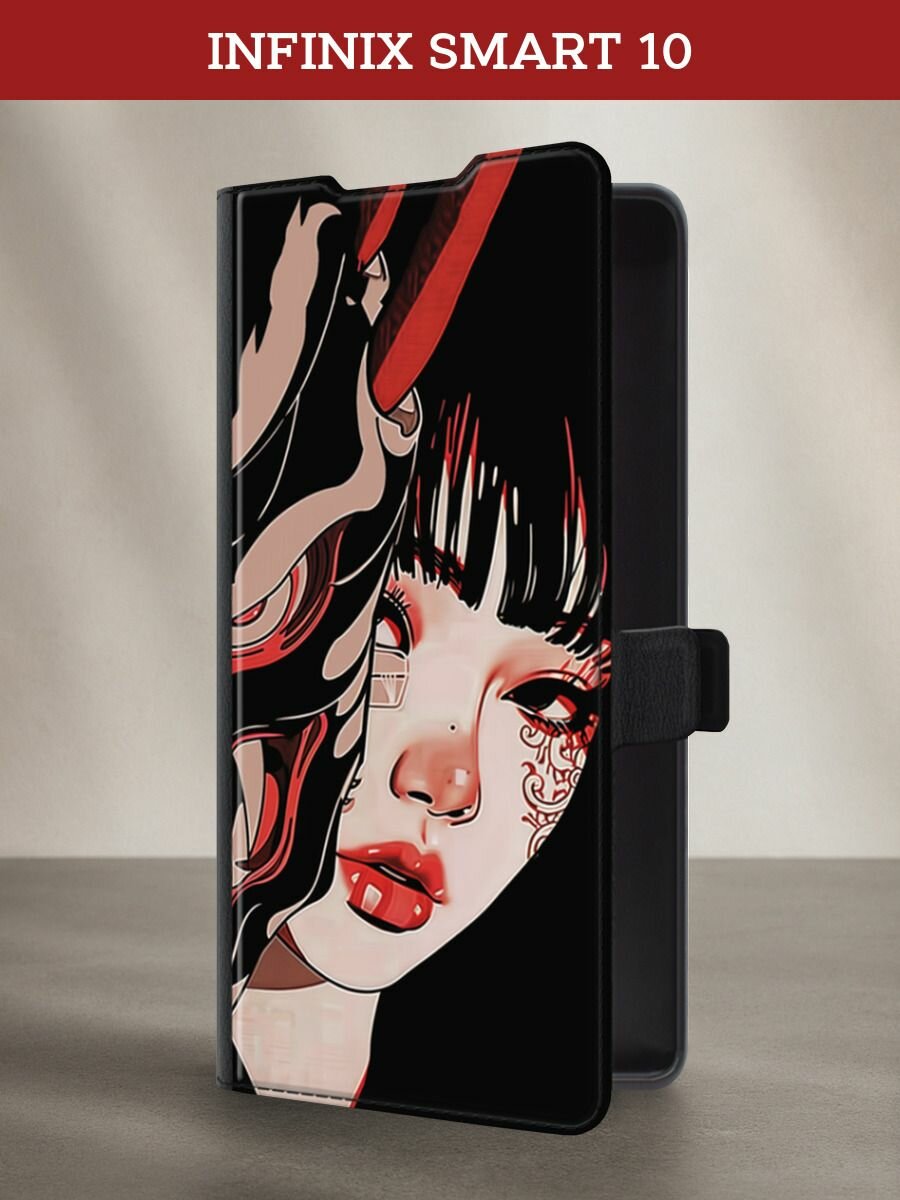 Чехол-книжка на Infinix Smart 10 / Инфиникс Смарт 10 с принтом Девушка за маской, черный