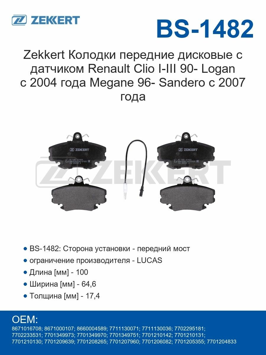 Zekkert Колодки передние дисковые с датчиком Renault Clio I-III 90- Logan с 2004 года Megane 96- Sandero с 2007 года
