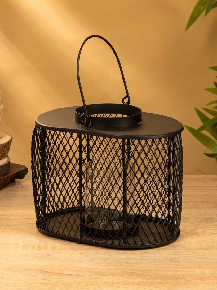 Подсвечник фонарь со стеклянной колбой, 19.5 23 15.5 см, d 10 см, металл, чёрный