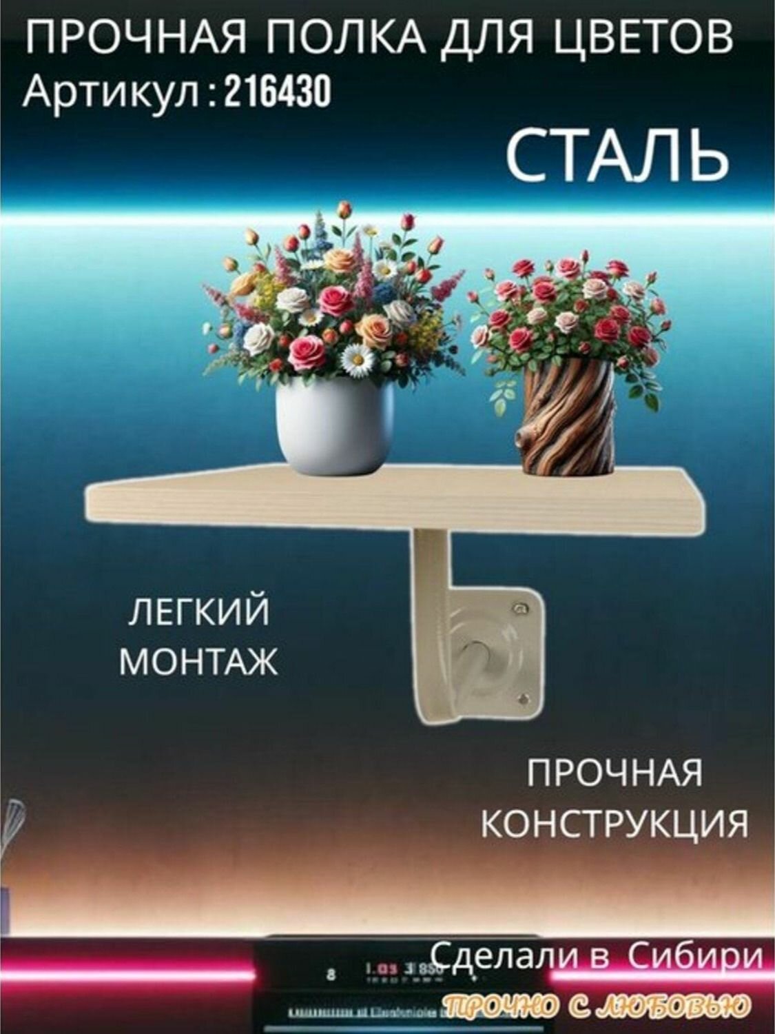 Полка настенная прямая для цветов, книг, документов, принтера, серый, сосна выбеленная