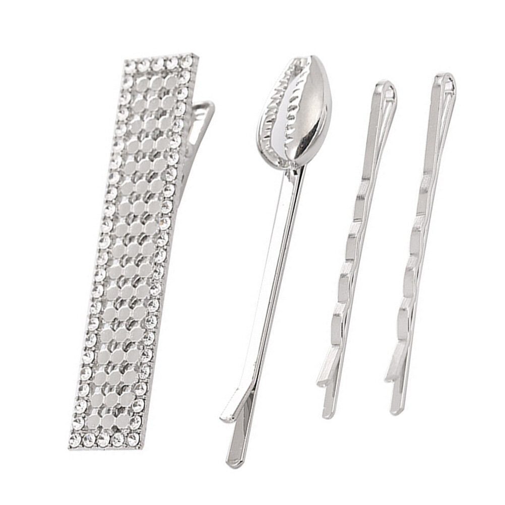 Простой набор из 4 заколок для волос в форме ракушки, украшенных стразами и имеющих геометрический узор из сплава (серебристый).