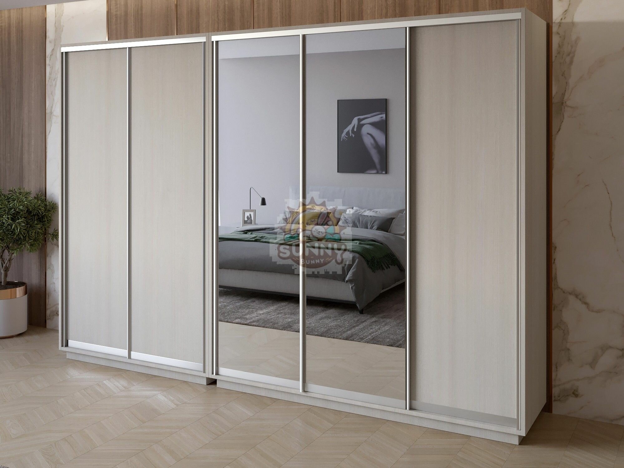 Шкаф-купе Вилли 5-ти дверный модульный (2+3) ЛДСП-3/Зеркало-2, профиль серебро, 300х45х220 см. Ясень Анкор светлый