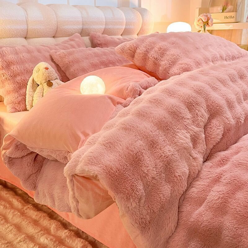 Пододеяльник из кроличьего меха, цельный, комплект из четырех предметов из утолщенного молочного велюра, плюшевый фланелевый пододеяльник, плюшевая простыня из кораллового флиса для зимы.