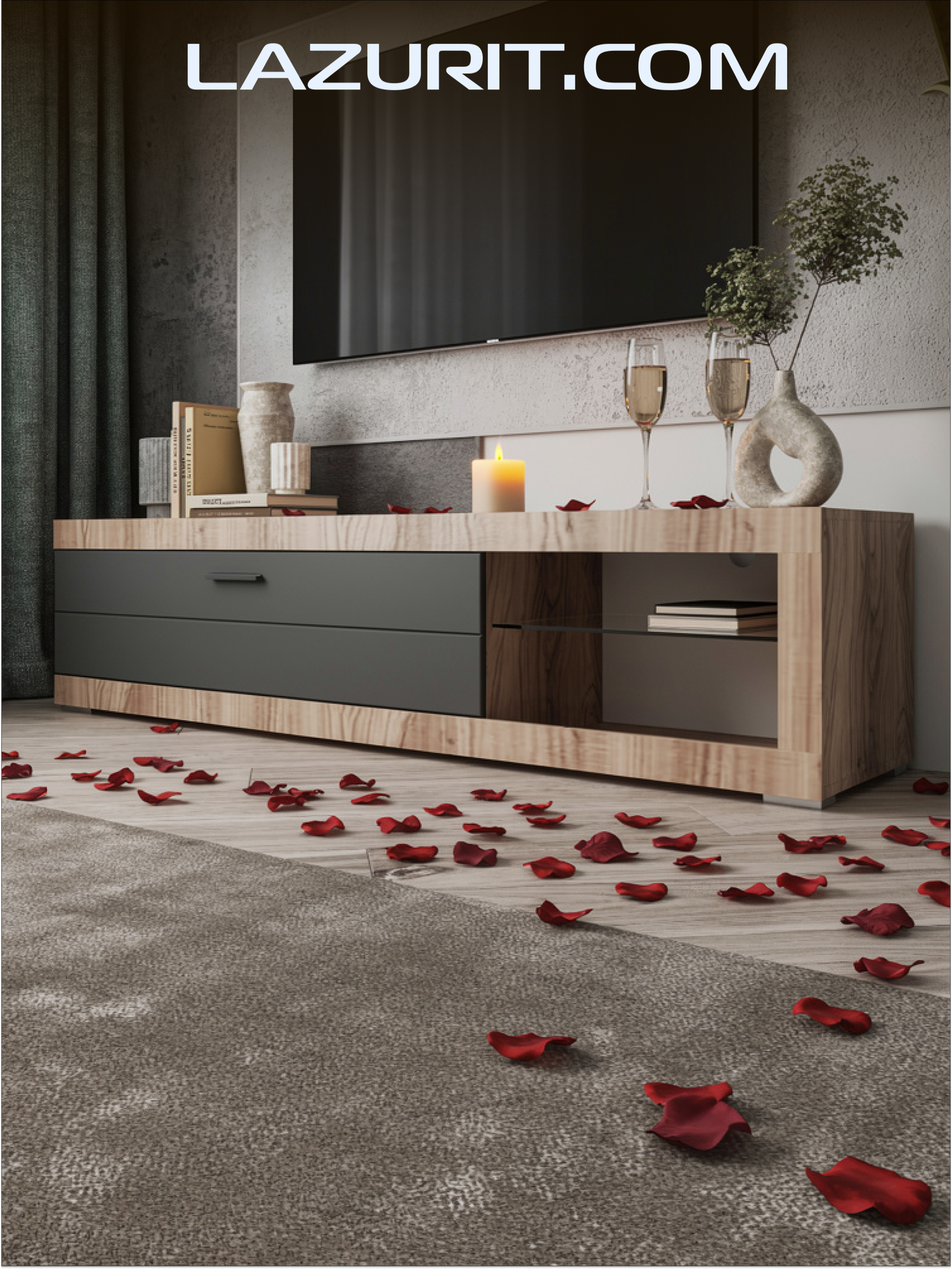 Тумба под телевизор напольная Lazurit REMO тумба под тв тумба длинная с ящиком и полкой 42х180х44 см коричневая черная