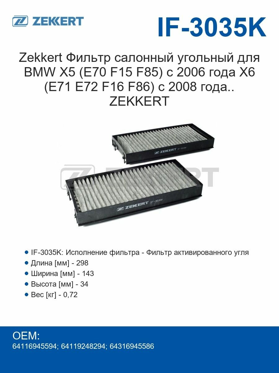 Zekkert Фильтр салонный угольный для BMW X5 (E70 F15 F85) с 2006 года X6 (E71 E72 F16 F86) с 2008 года. ZEKKERT