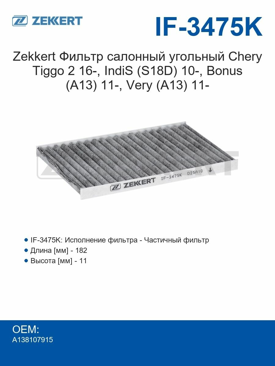Zekkert Фильтр салонный угольный Chery Tiggo 2 16-, IndiS (S18D) 10-, Bonus (A13) 11-, Very (A13) 11-