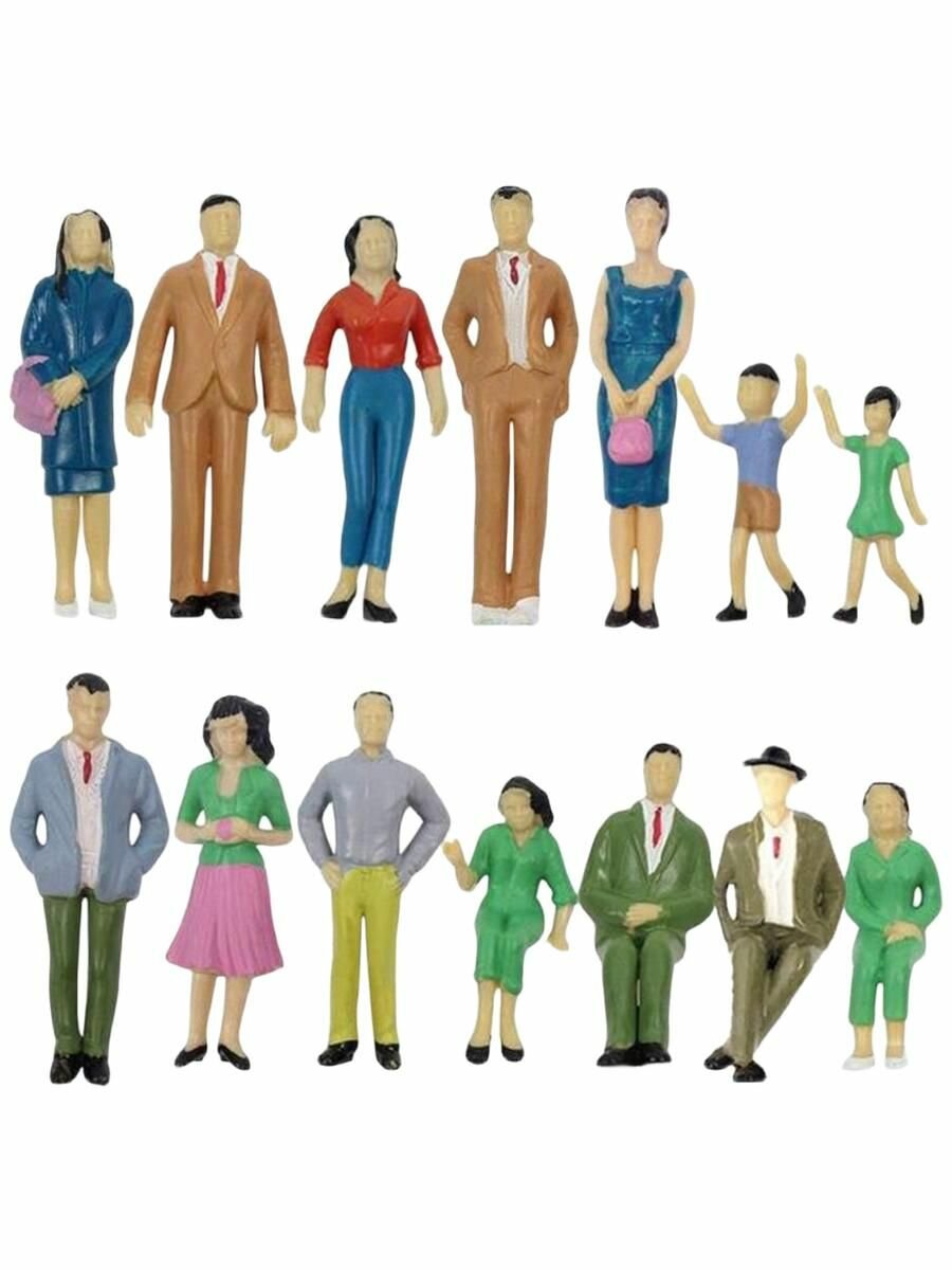 Набор из 14 миниатюрных фигурок людей масштаба 1:25 для диорам и макетов железных дорог, высотой до 7.5 см, яркие детализированные персонажи