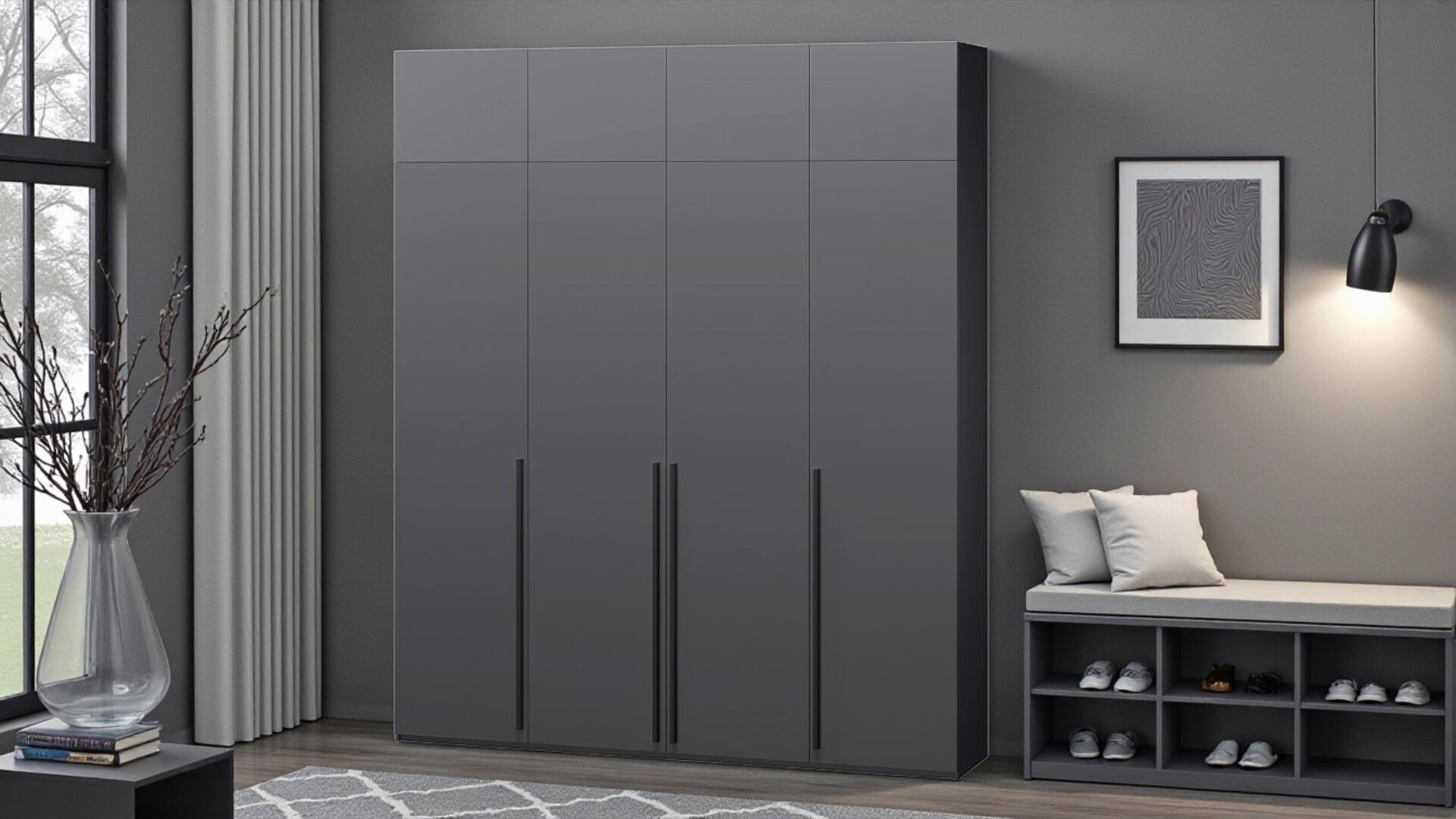 Распашной четырехсекционный шкаф Лорена Пакс-4 с антресолью Серый Графит 162 PE NEW 160x40x230 см, Фиеста